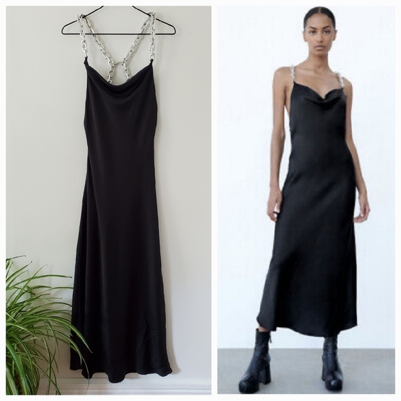 Zara | Dresses | Zara Chain Strap Black Satin Effect Sexy Midi Dress ...